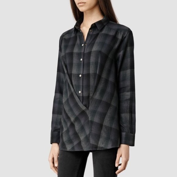 All Saints | Tops | Allsaints Kayla Teal Plaid Flannel Crossover Shirt ...